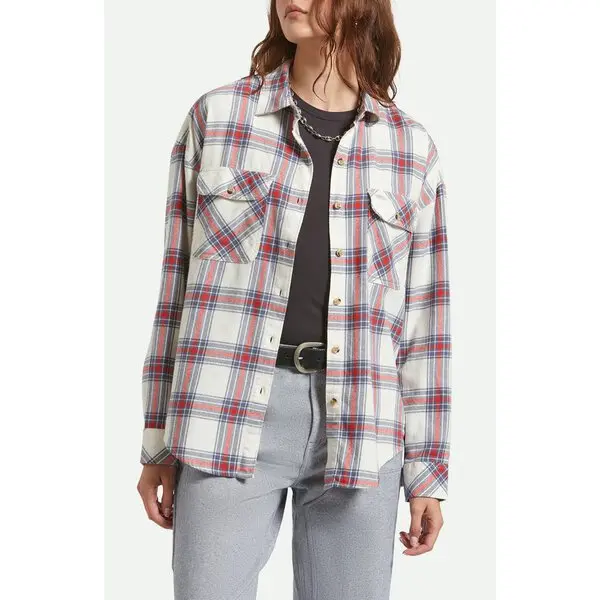 Brixton Bowery Plaid Cotton Flannel Overshirt - Off White/berring Sea/red