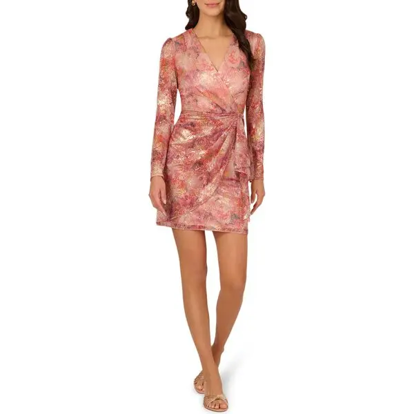 Adrianna Papell Printed Metallic Crinkle Long Sleeve Dress