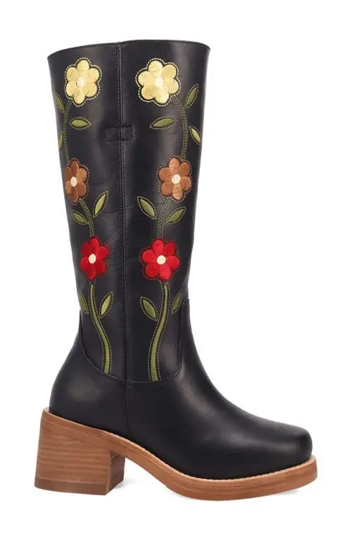 DINGO Embroidered Block Heel Boots - Black
