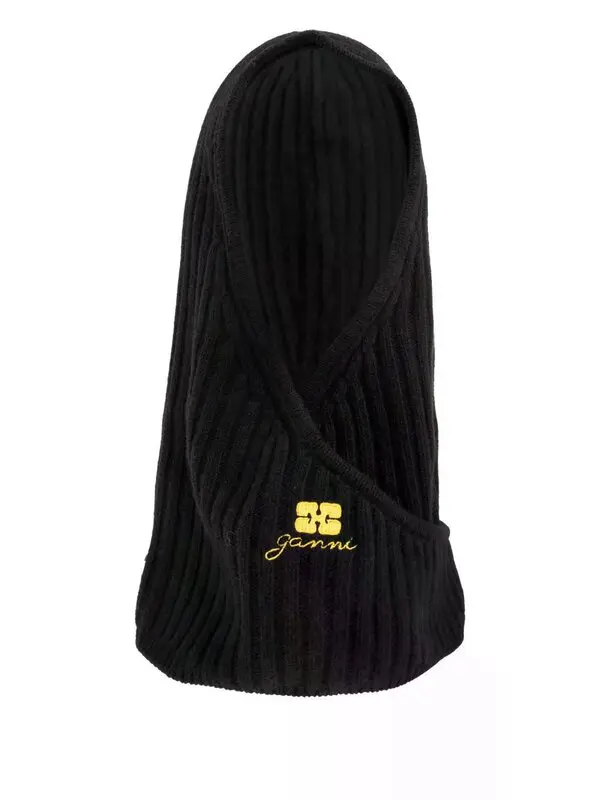 GANNI Logo-embroidered Ribbed Balaclava - Black