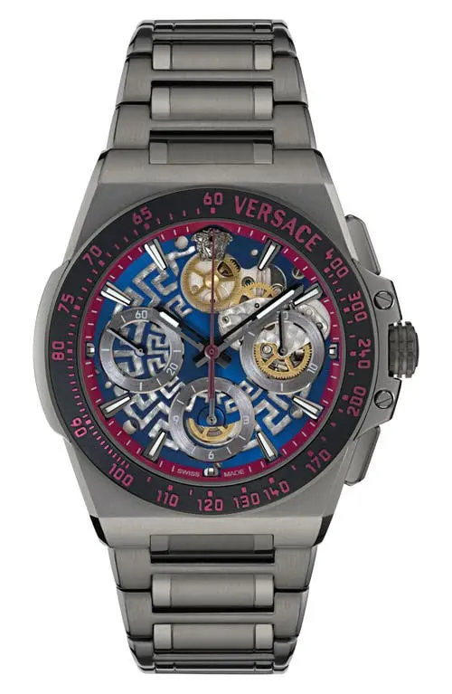 Versace Greca Extreme Skeleton Dial Automatic Chronograph Bracelet Watch - Blue/ip Gunmetal