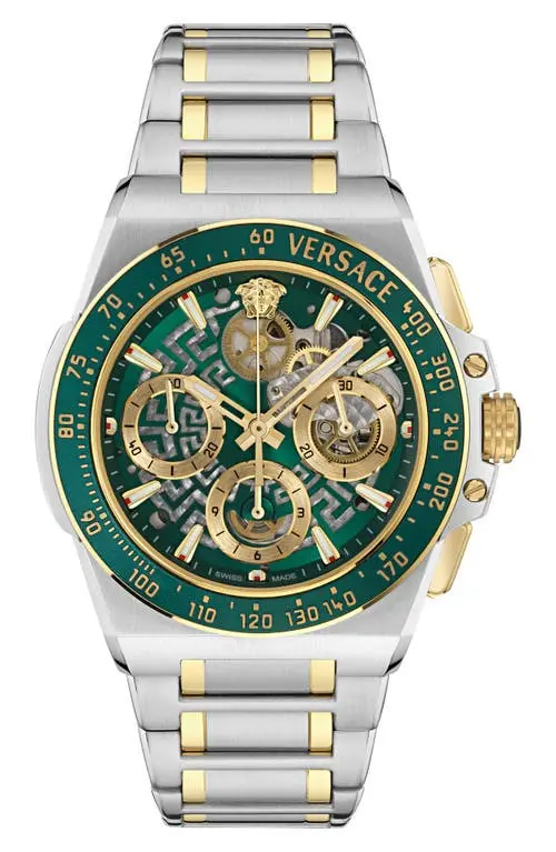 Versace Greca Extreme Skeleton Dial Automatic Chronograph Bracelet Watch - Green/two Tone