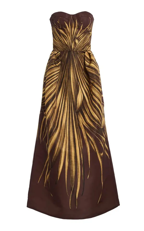 Oscar De La Renta Palm-printed Faille Maxi Dress - Brown