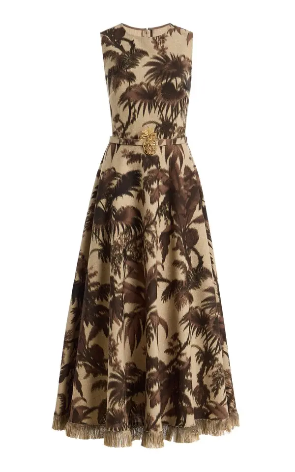 Oscar De La Renta Sleeveless Palm Print Midi Dress - Brown