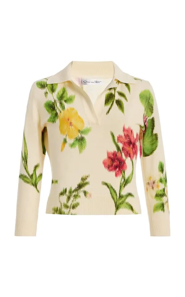 Oscar De La Renta Floral Print Virgin Wool Top - Ivory