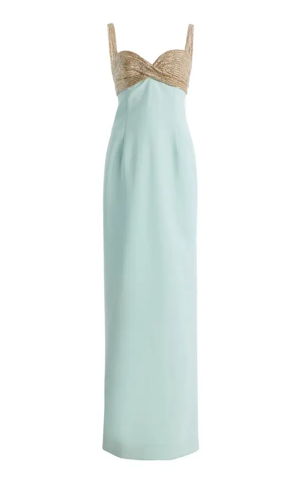 Oscar De La Renta Bugle-embroidered Wool-blend Gown - Light Blue