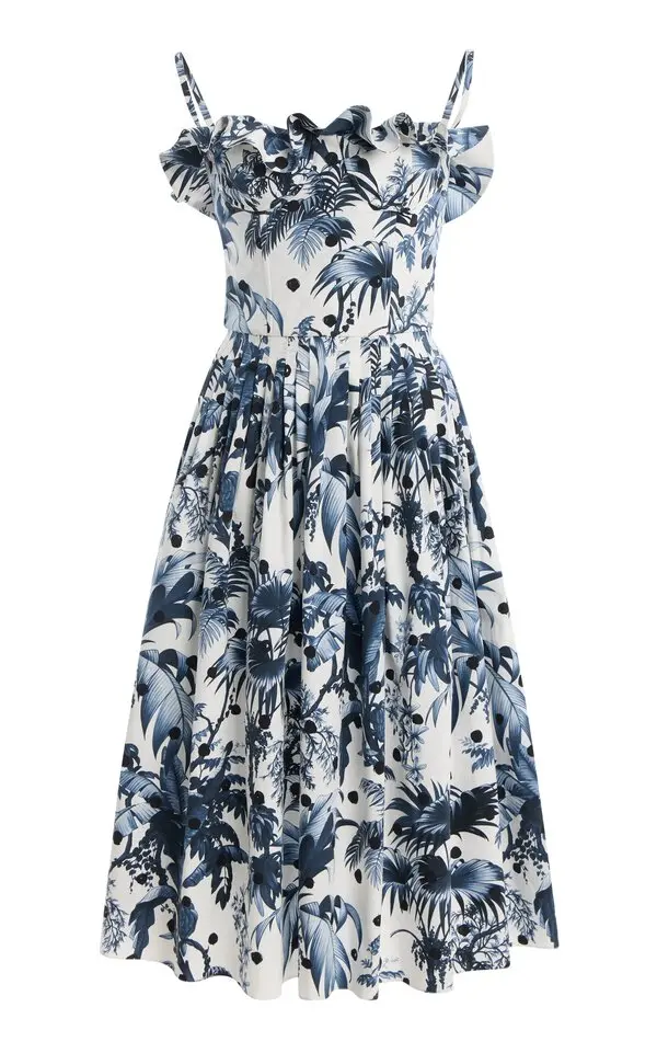 Oscar De La Renta Dotted Palms Printed Midi Dress