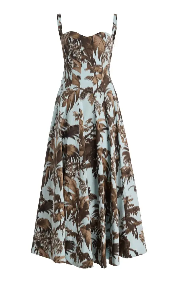 Oscar De La Renta Palm-printed Stretch Cotton-poplin Midi Dress - Brown