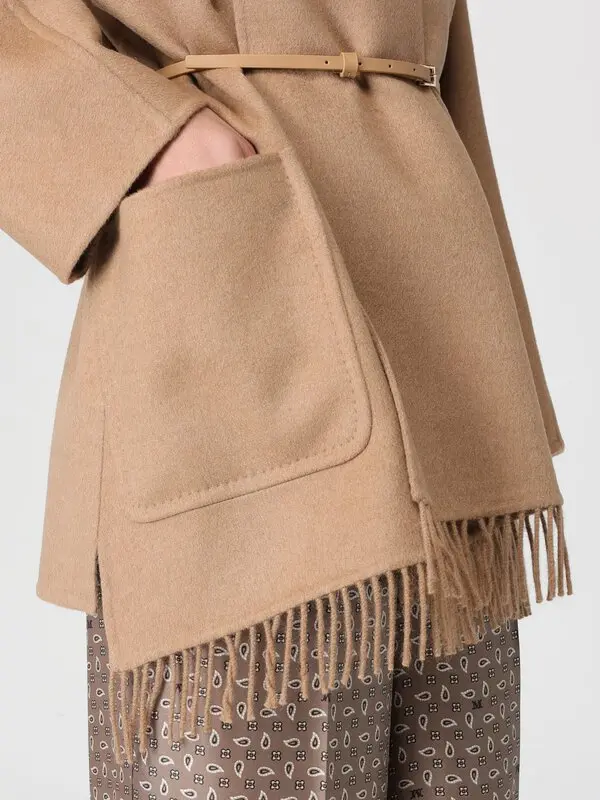 Max Mara Belted Shawl Collar Coat With Fringe - Camel