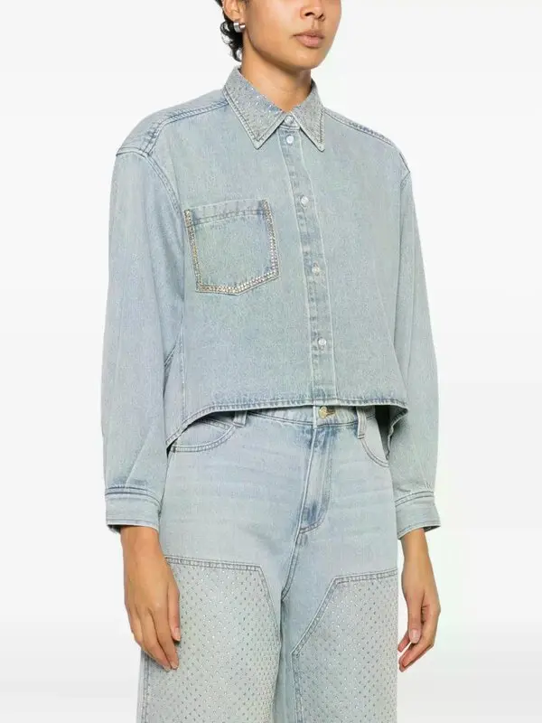 Sandro Rhinestone-embellished Cropped Denim Shirt - Blue