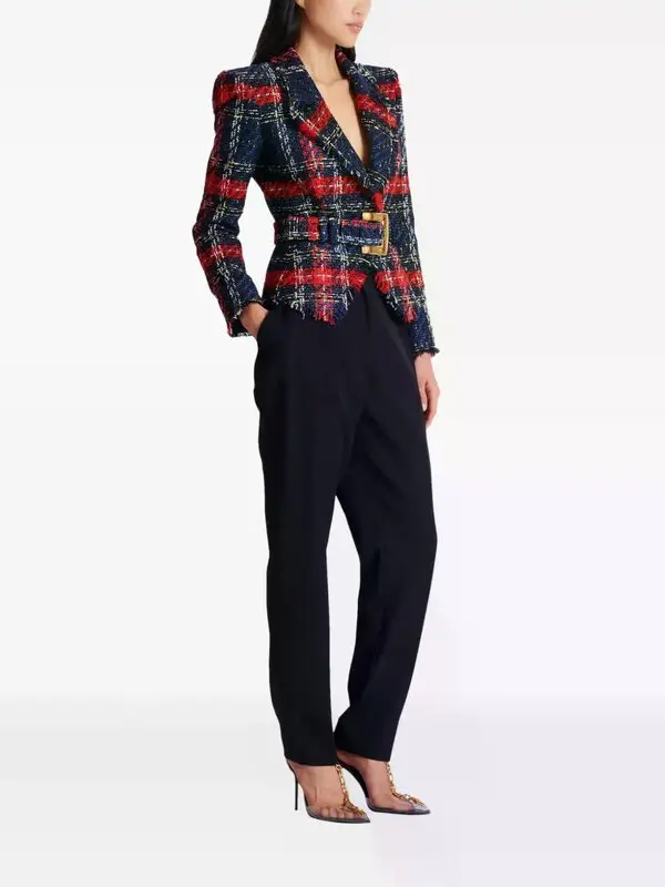 Balmain Belted Plaid Tweed Jacket - Blue