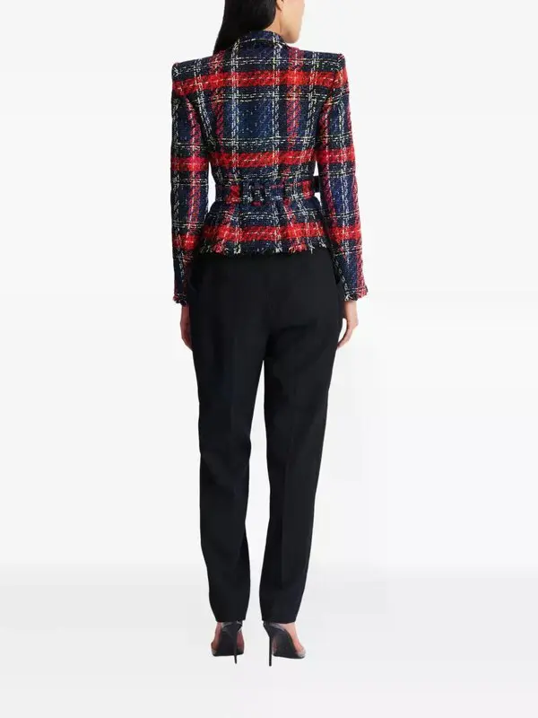 Balmain Belted Plaid Tweed Jacket - Blue