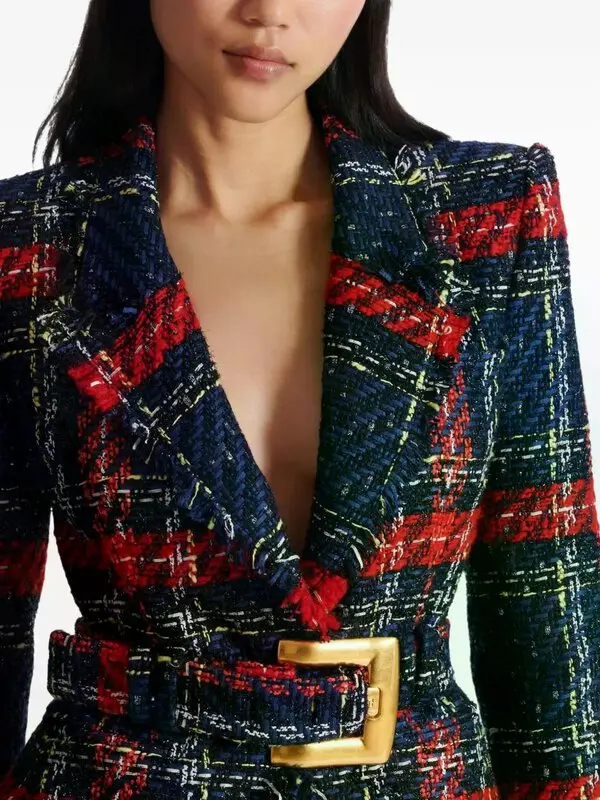 Balmain Belted Plaid Tweed Jacket - Blue