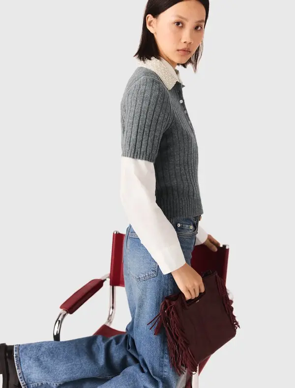 Maje Ribbed Wool Knit Sweater With Beaded Collar - Grey - 30% Off |  Editorialist