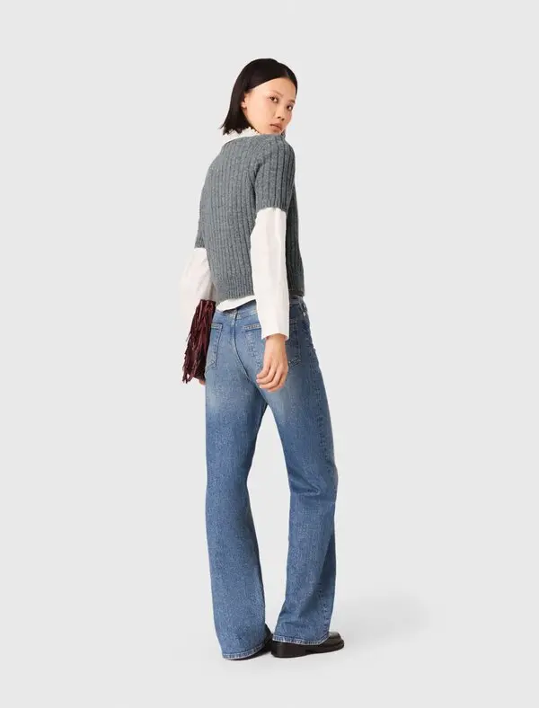 Maje Ribbed Wool Knit Sweater With Beaded Collar - Grey