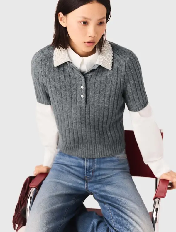 Maje Ribbed Wool Knit Sweater With Beaded Collar - Grey