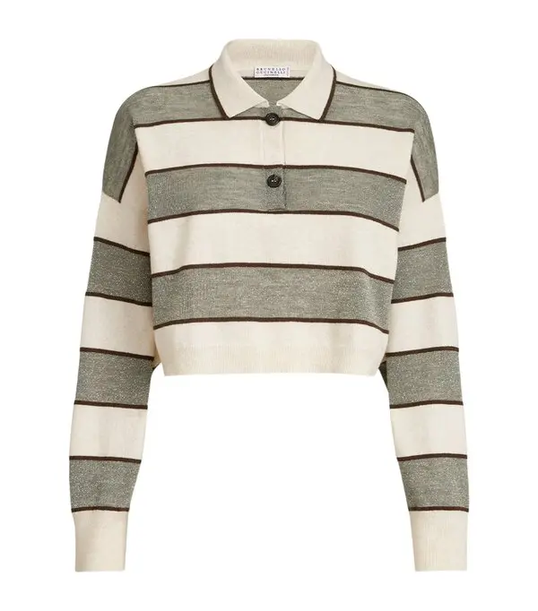 Brunello Cucinelli Stripe Cropped Polo Sweater
