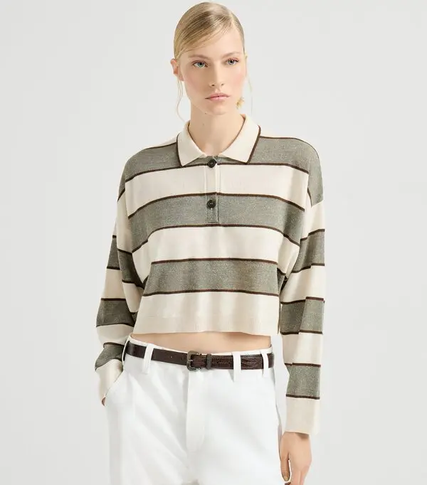 Brunello Cucinelli Stripe Cropped Polo Sweater