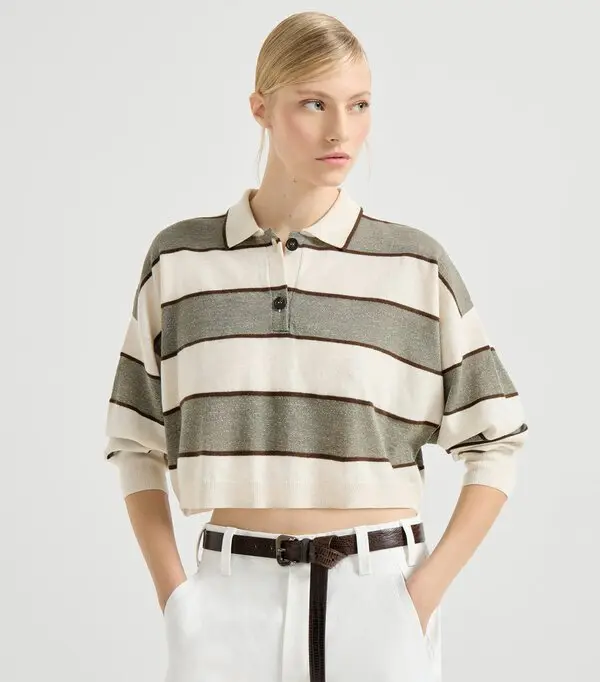 Brunello Cucinelli Stripe Cropped Polo Sweater