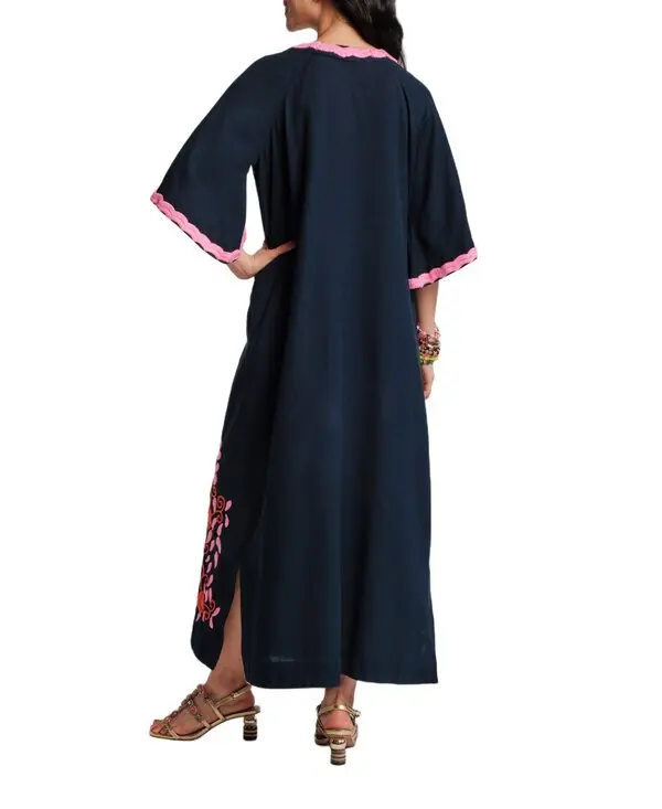 FRANCES VALENTINE Embroidered Cotton-linen Kaftan - Navy/multi