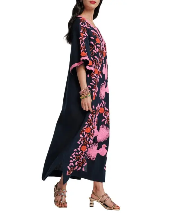FRANCES VALENTINE Embroidered Cotton-linen Kaftan - Navy/multi