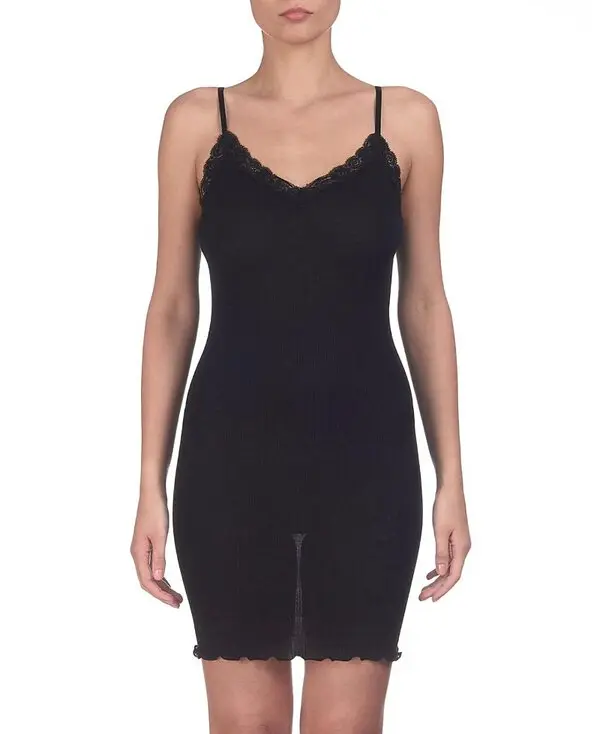 OSCALITO Ribbed Wool & Silk V-neck Chemise Nightgown With Lace Trim - Black