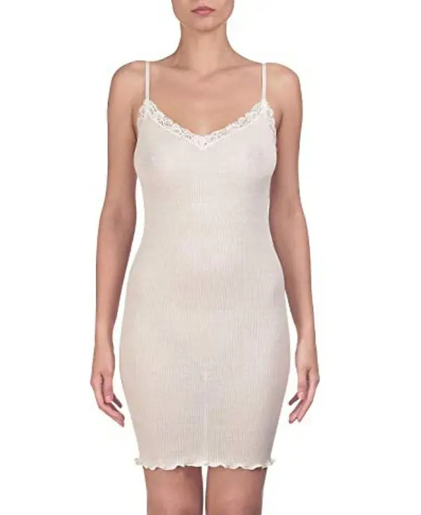 OSCALITO Ribbed Wool & Silk V-neck Chemise Nightgown With Lace Trim - Champagne