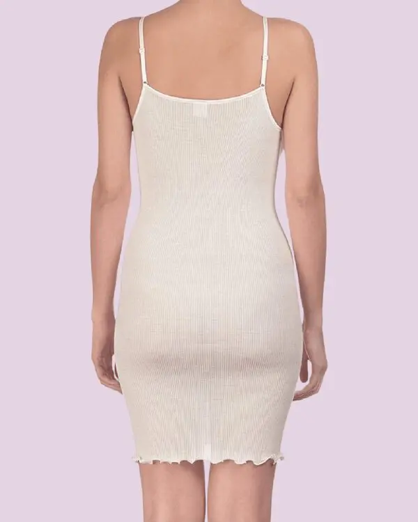 OSCALITO Ribbed Wool & Silk V-neck Chemise Nightgown With Lace Trim - Champagne