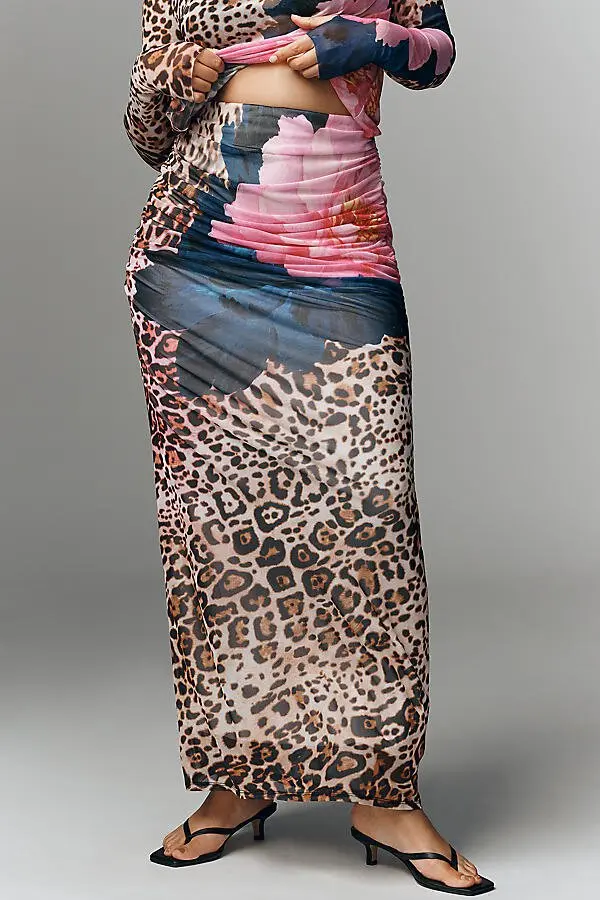 AFRM Bev Power Mesh Maxi Skirt - Animal Block Peony