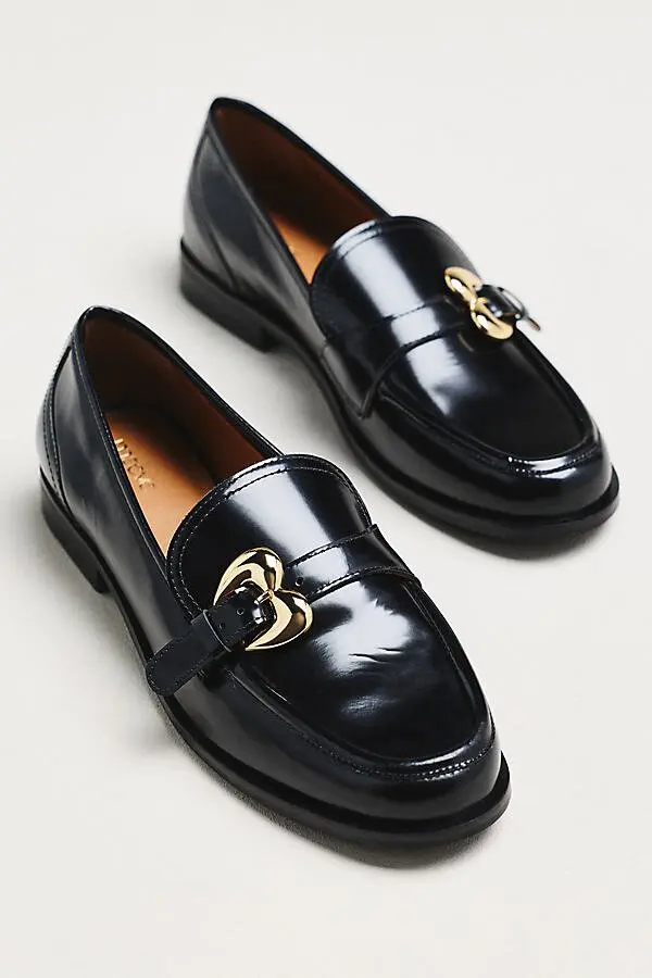 Maeve Heart Buckle Loafers - Black