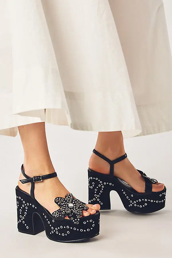 Anthropologie Studded Flower Platform Heel - Black
