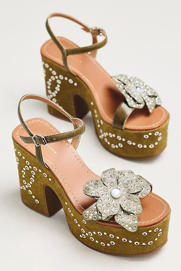 Anthropologie Studded Flower Platform Heels - Moss