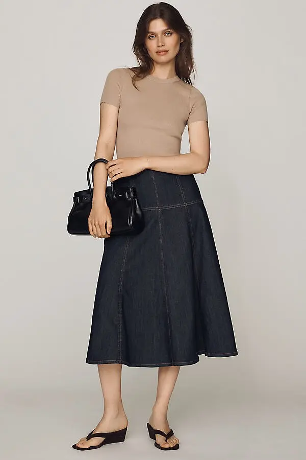 Maeve Twyla Paneled Denim Midi Skirt - Dark Denim