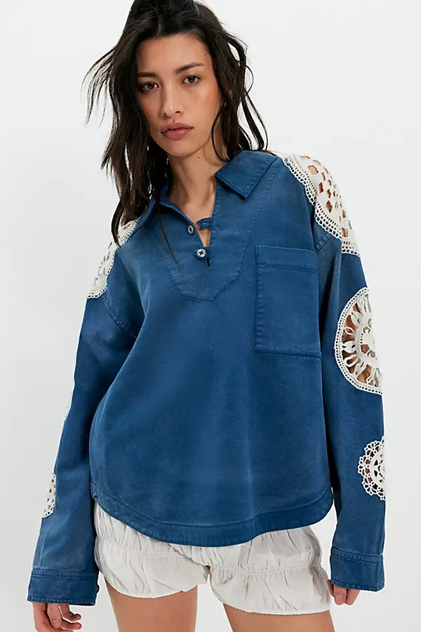 Free People We The Free Washed & Crafted Crochet Polo