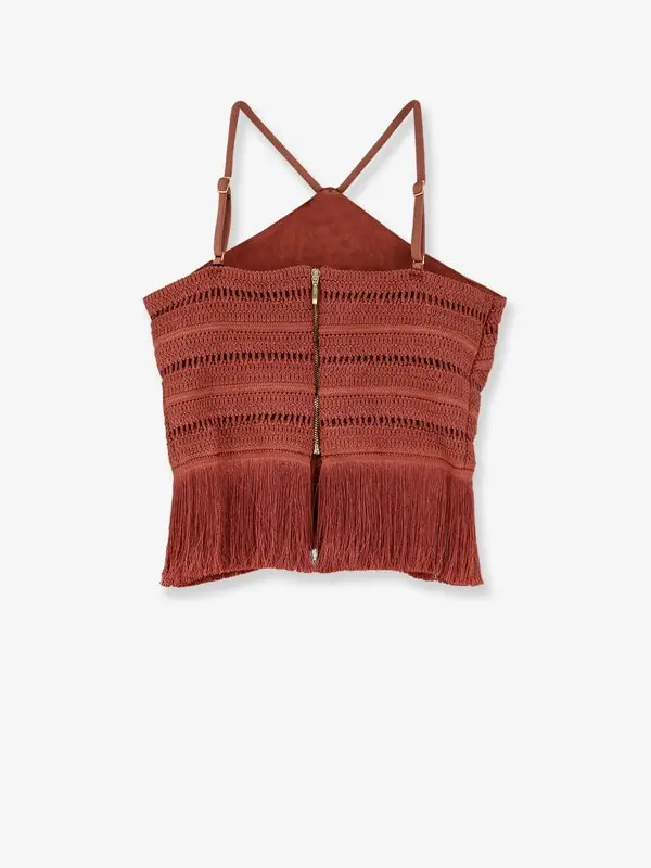 PatBO Asymmetrical Fringe Top - Brown