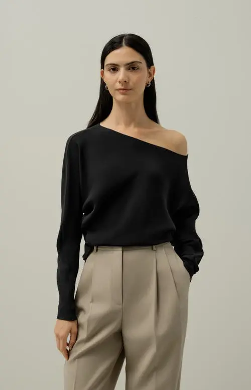 Lilysilk Long Sleeve Gathered Silk Top - Black