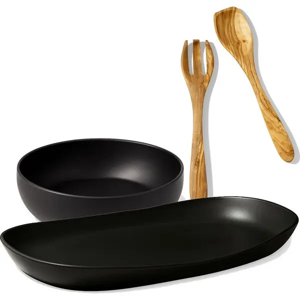 GHARYAN STONEWARE Serving Platter, Bowl & Olive Wood Servers - Matte Black