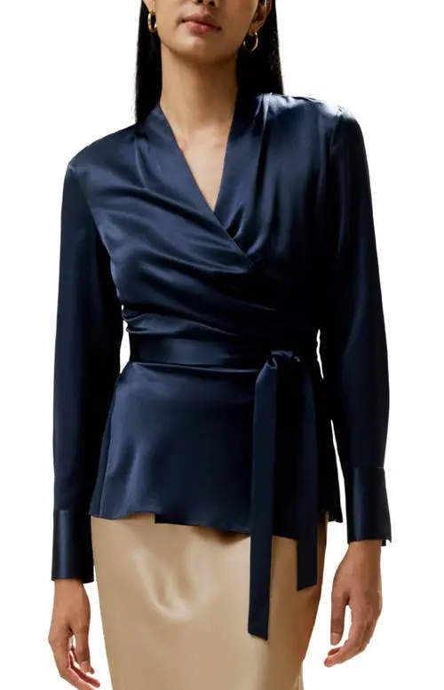 Lilysilk Silk Wrap Blouse - Navy Blue