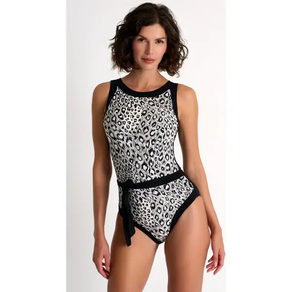 Shan Belted High-neck One-piece - Animal Print