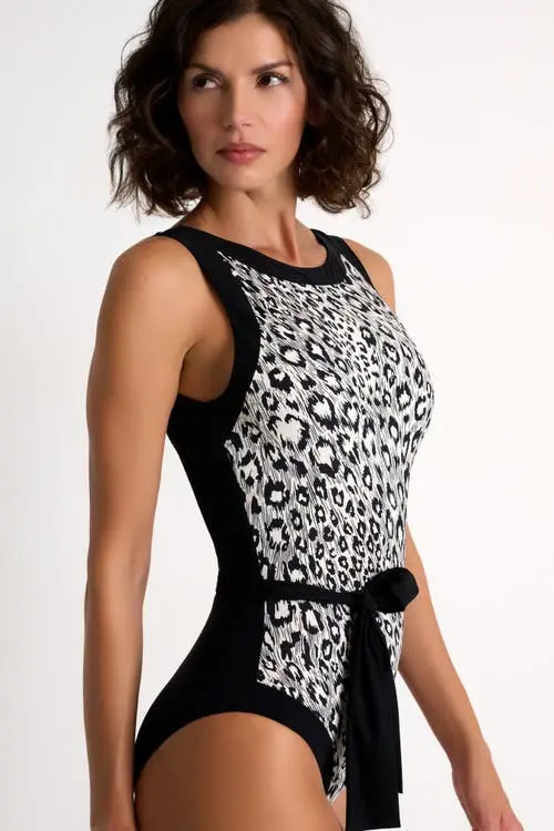 Shan Belted High-neck One-piece - Animal Print