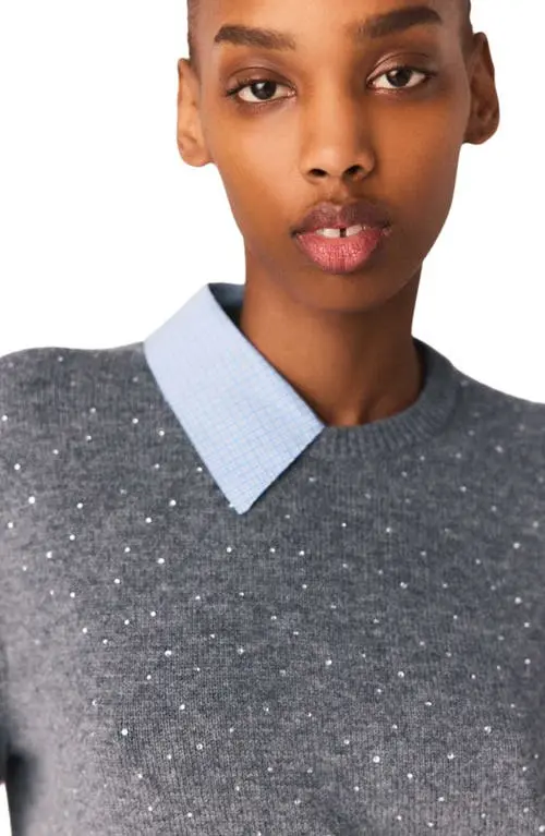 Maje Rhinestone Trim Sweater With Removable Poplin Shirt - Grey