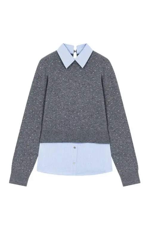 Maje Rhinestone Trim Sweater With Removable Poplin Shirt