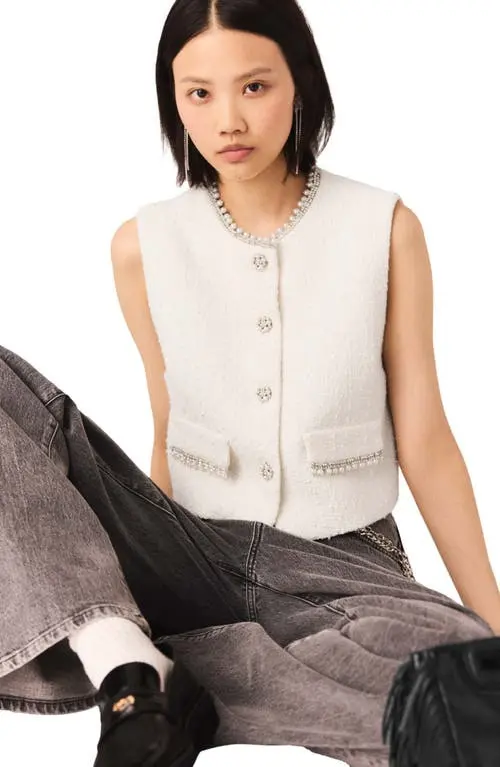 Maje Beaded Tweed Waistcoat - Ecru