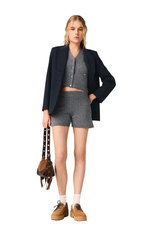 Maje Knit Shorts With Rhinestones - Grey