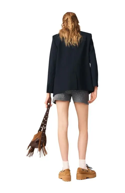 Maje Knit Shorts With Rhinestones - Grey