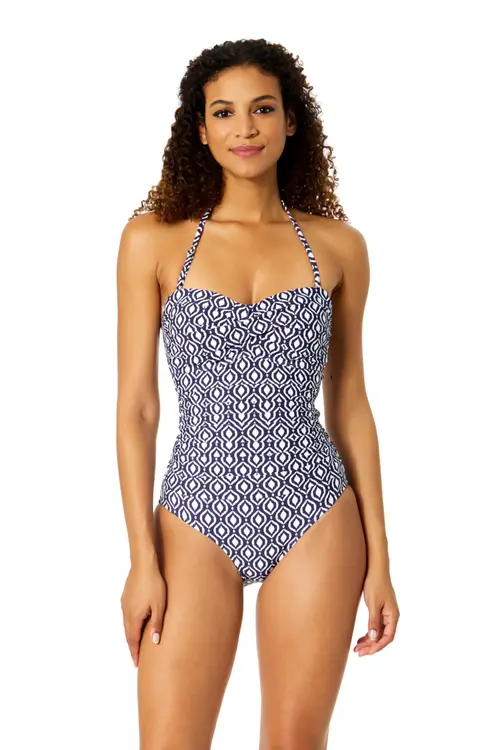 ANNE COLE Printed Twist Front Shirred One Piece Swimsuit - Azzurra Geo