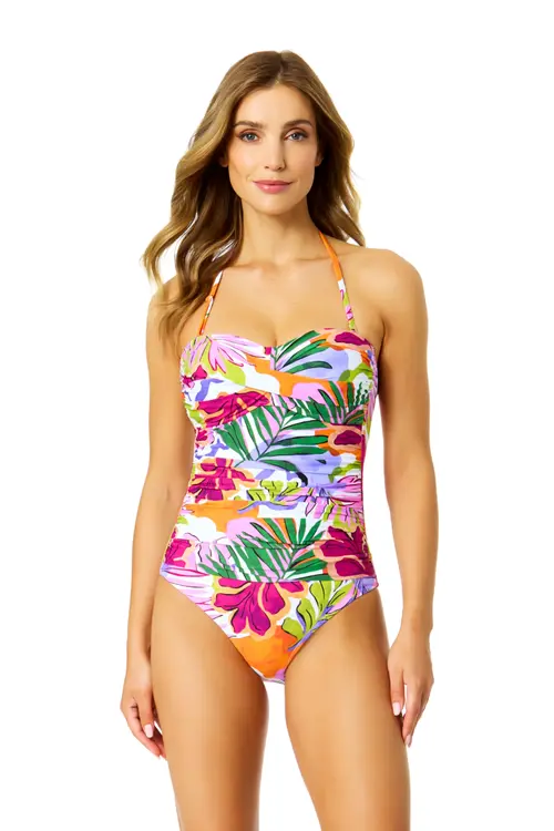 ANNE COLE Printed Twist Front Shirred One Piece Swimsuit - Mod Tropical