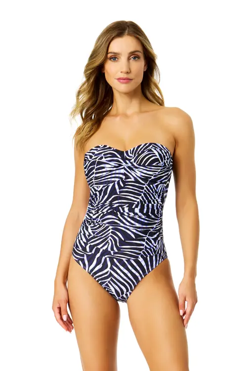 ANNE COLE Printed Twist Front Shirred One Piece Swimsuit - Shadow Palm