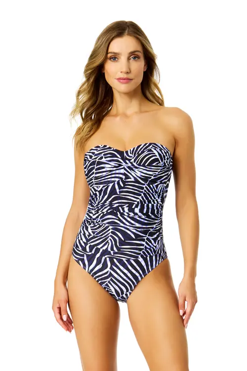 ANNE COLE Printed Twist Front Shirred One Piece Swimsuit - Shadow Palm