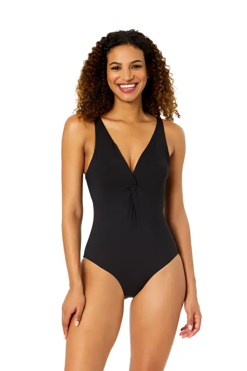 ANNE COLE Solid Plunge Twist One Piece Swimsuit - Black